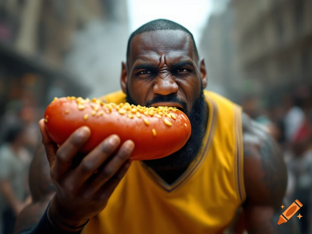 Photorealistic image of Lebron James intensely eating a big sausage on ...