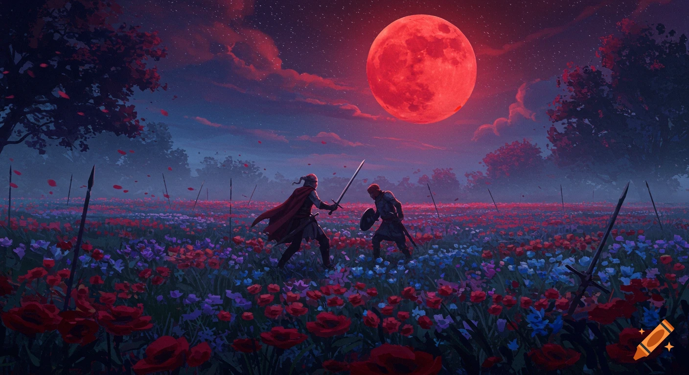 Two warriors duel with swords in a field of red and purple flowers ...