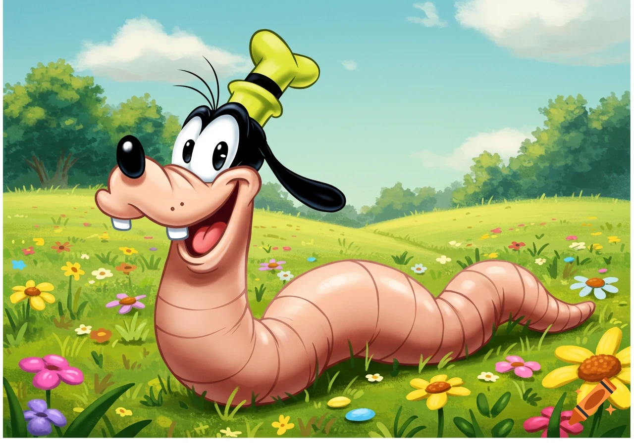 A smiling cartoon worm with Goofy's head and hat lies in a field of ...