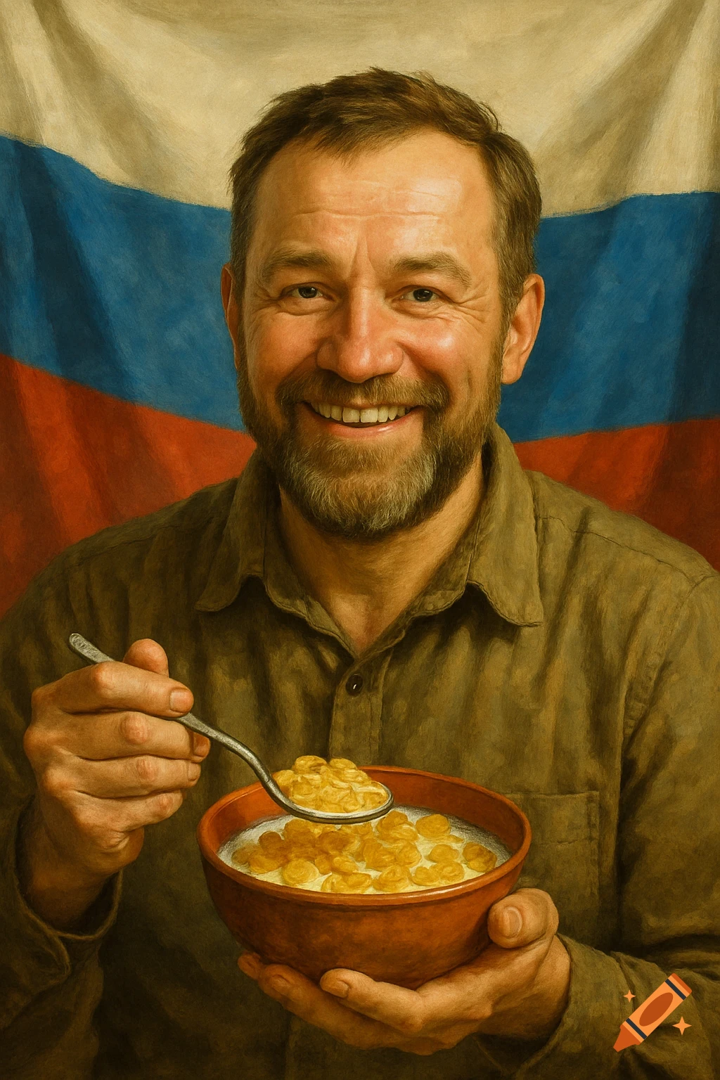 Smiling man eating cereal in front of a Russian flag, painting style ...