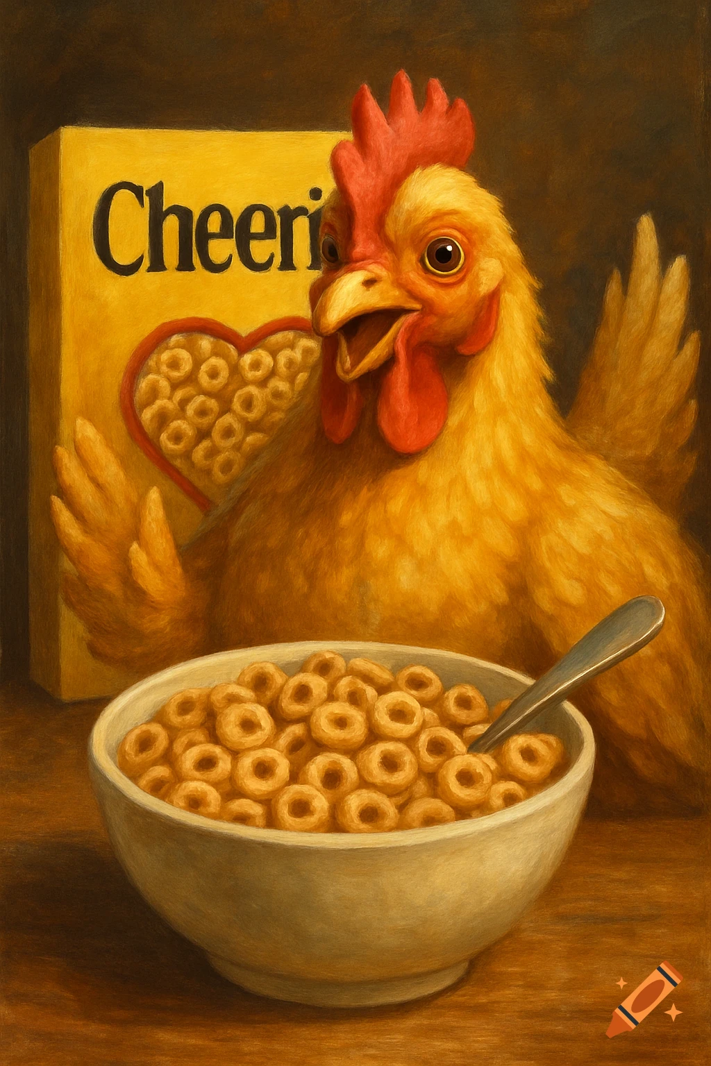 A painted image of a chicken with a Cheerios cereal box and a bowl of ...
