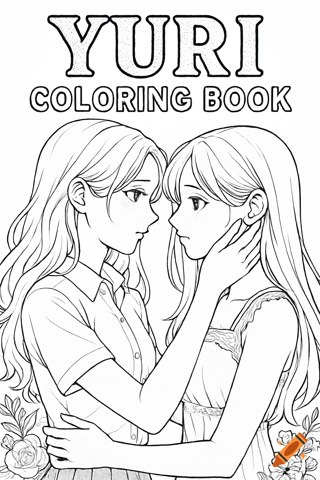 Black and white line art of two anime girls embracing, with text 'YURI ...
