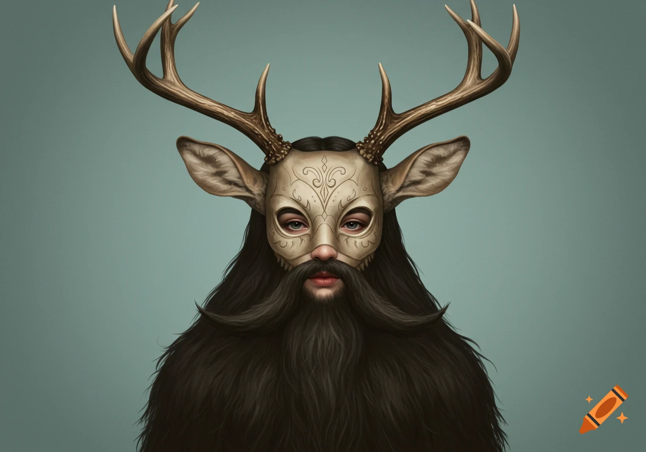 Portrait of a person wearing a deer head mask and antlers with a long ...