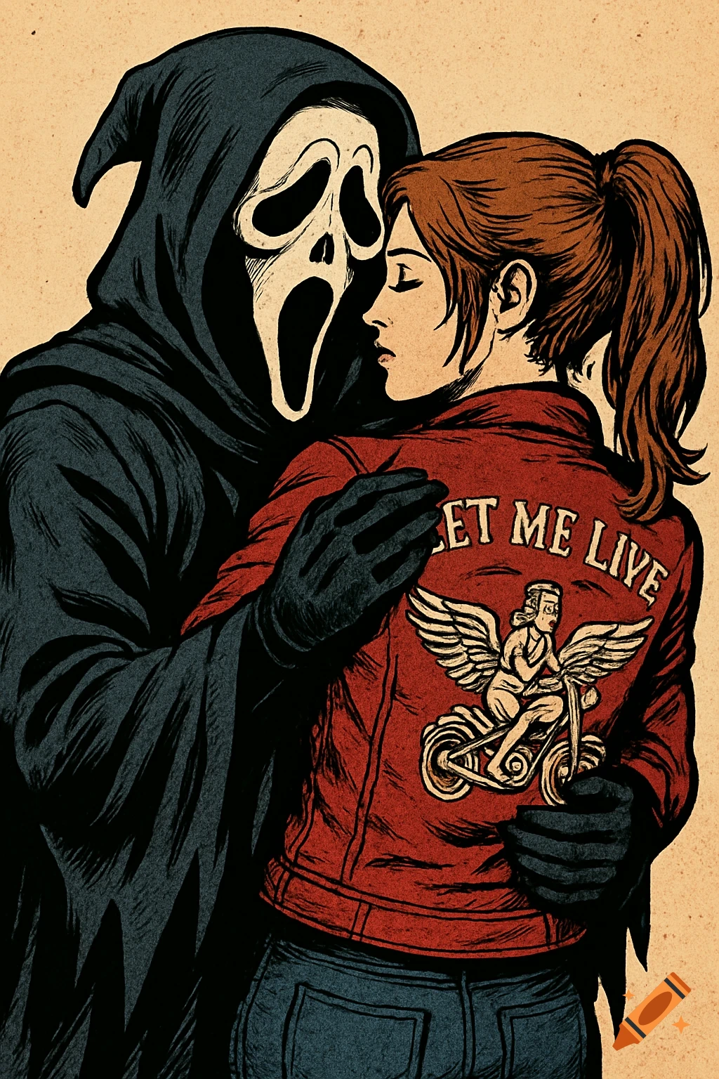 Ghostface embraces a woman in a red jacket with 'LET ME LIVE' and a ...