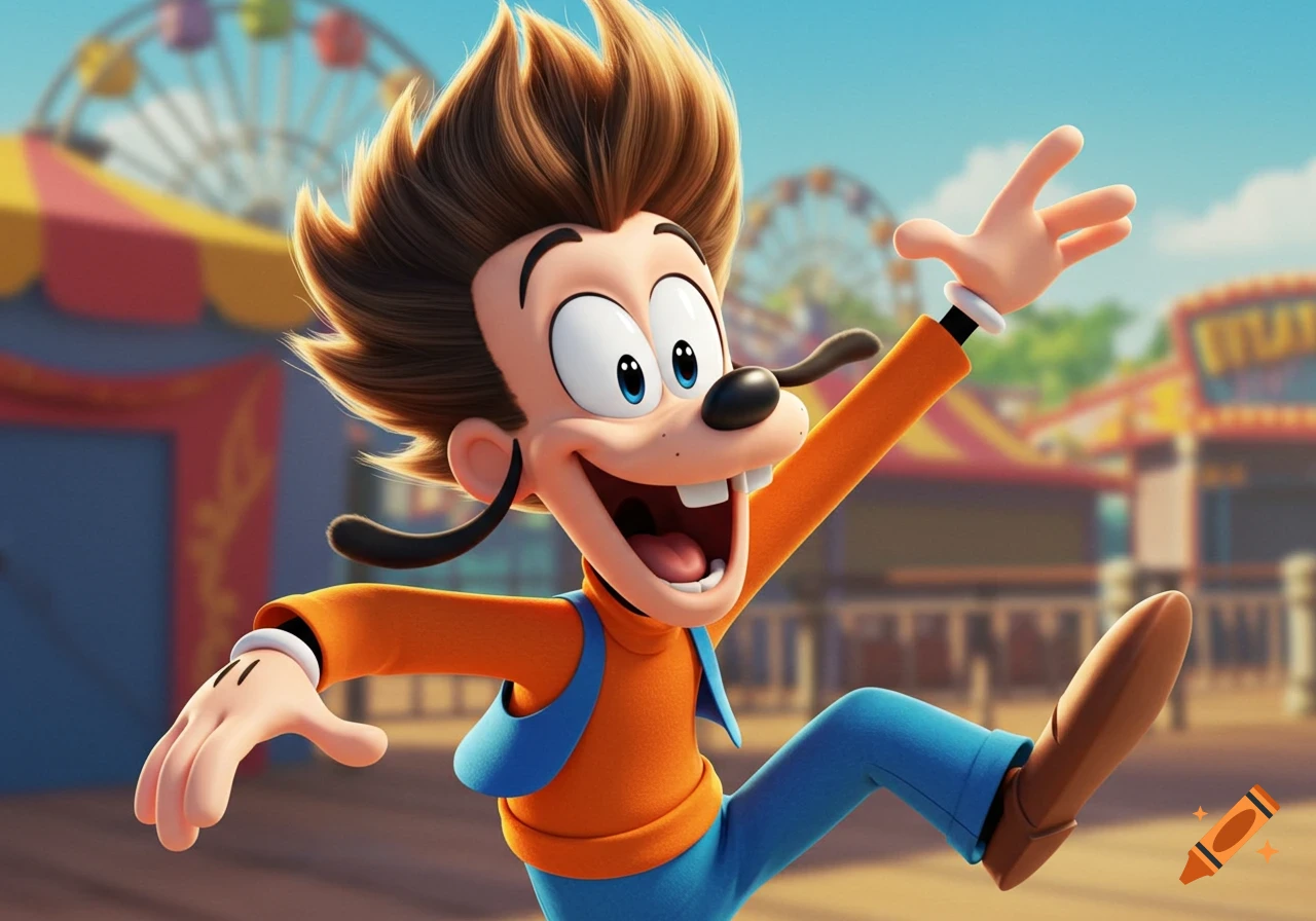 Cartoon character PJ from Goofy Movie jumping at a theme park. on Craiyon