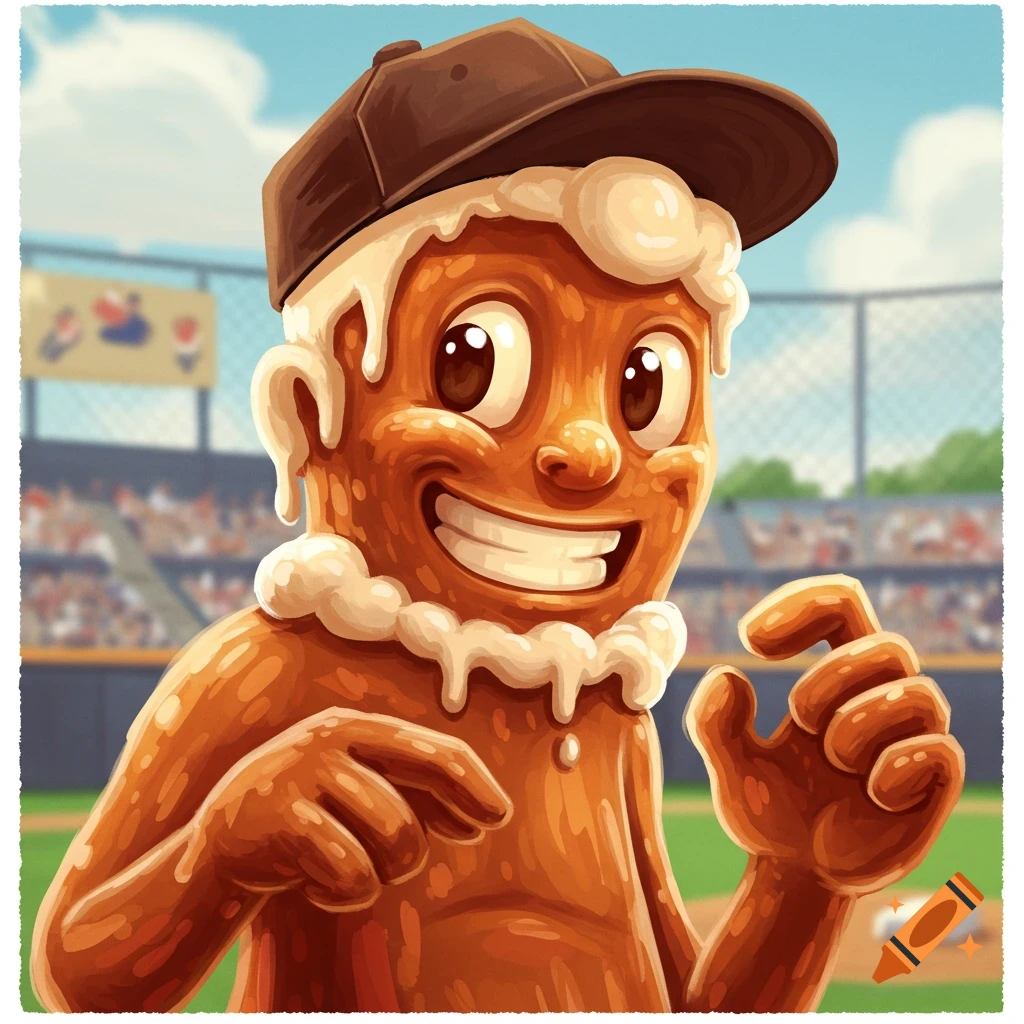 Cartoon character made of root beer foam wearing a baseball cap at a ...