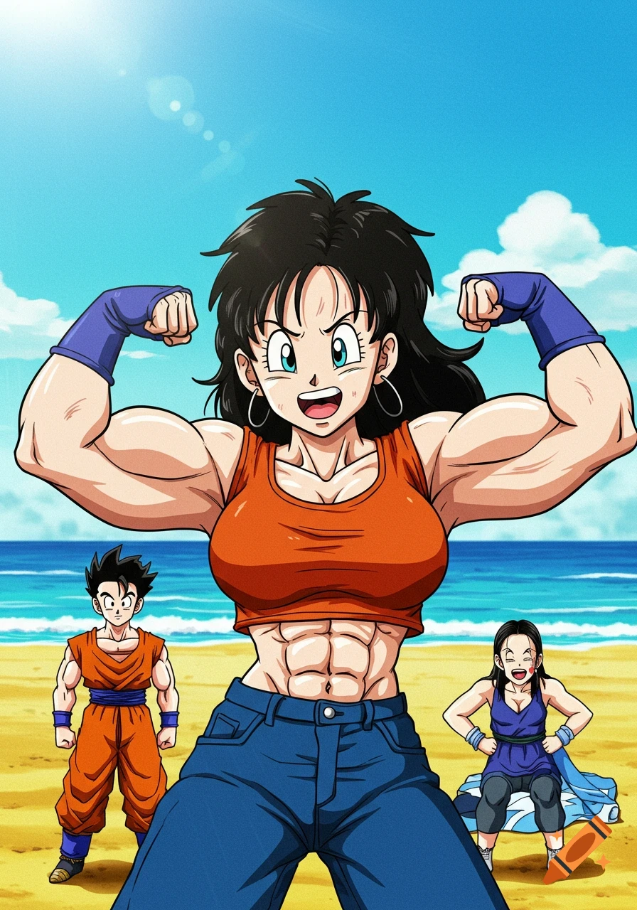 Videl flexing muscles on a beach with Gohan and another Videl in Dragon ...