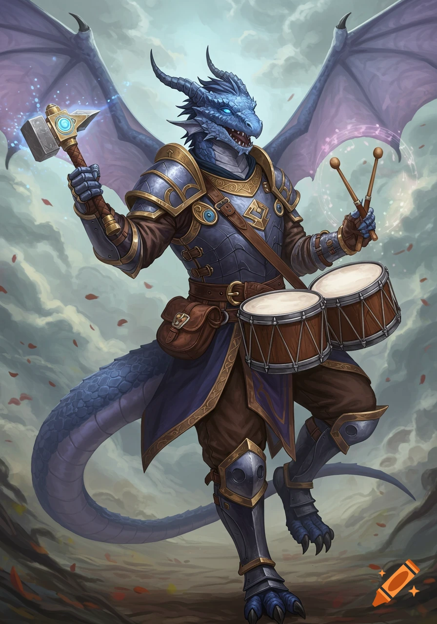 Blue Dragonborn character in armor playing drums and holding a glowing ...