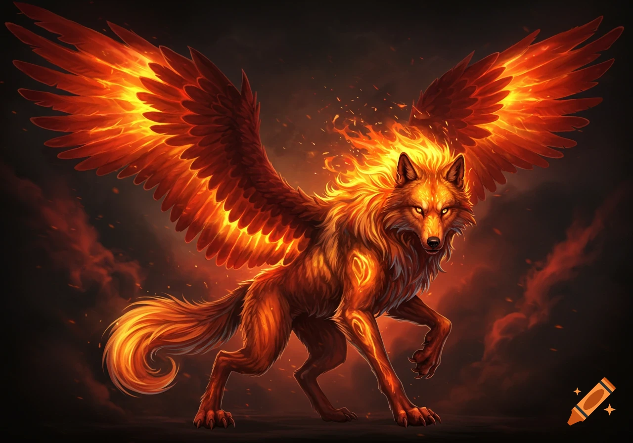 A mythical winged wolf made of fire stands in a dark, smoky environment ...