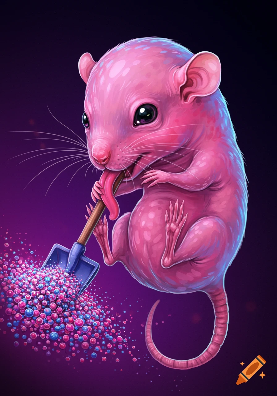 A pink rat-like creature holds a small shovel next to a pile of ...