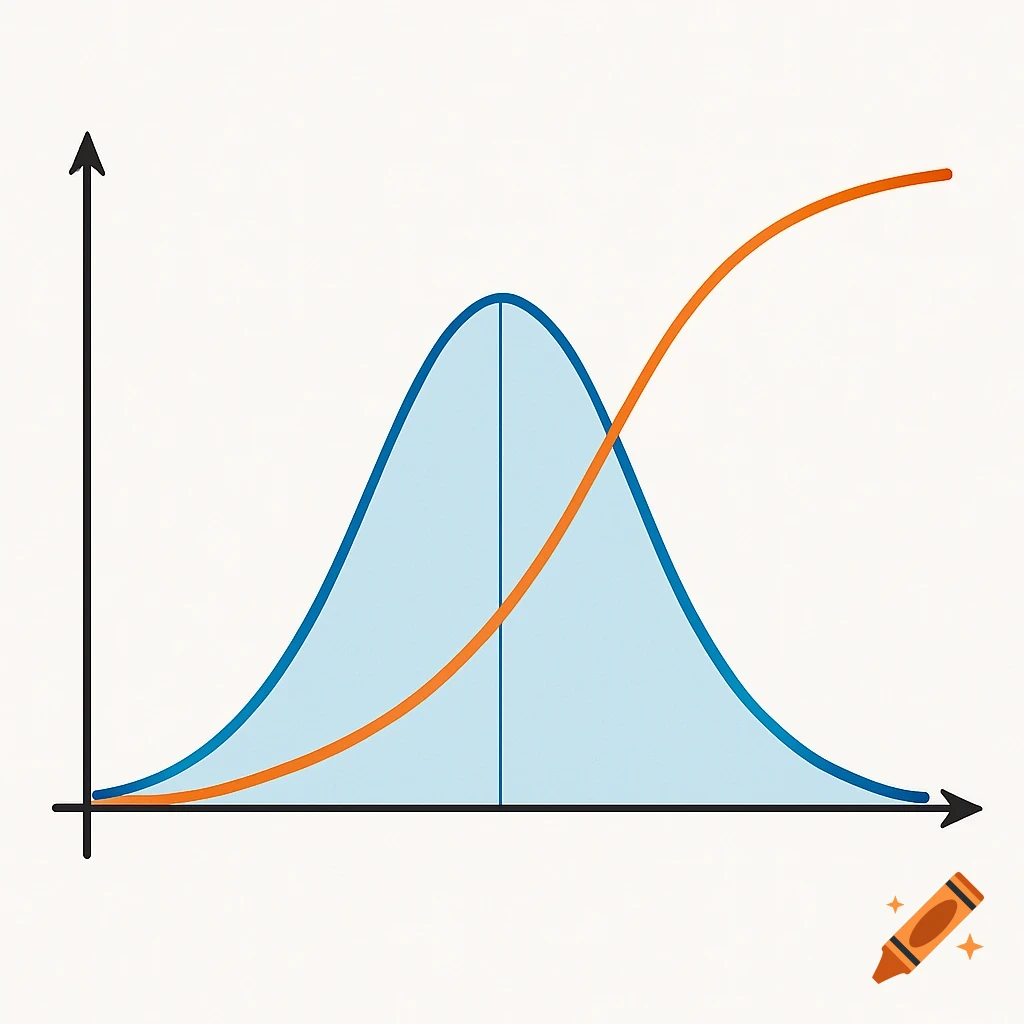 Illustration of a bell curve and a cumulative distribution curve on a ...