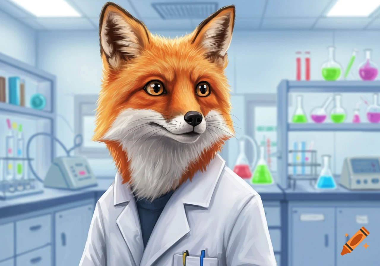 Illustration of a fox wearing a lab coat in a science laboratory. on ...