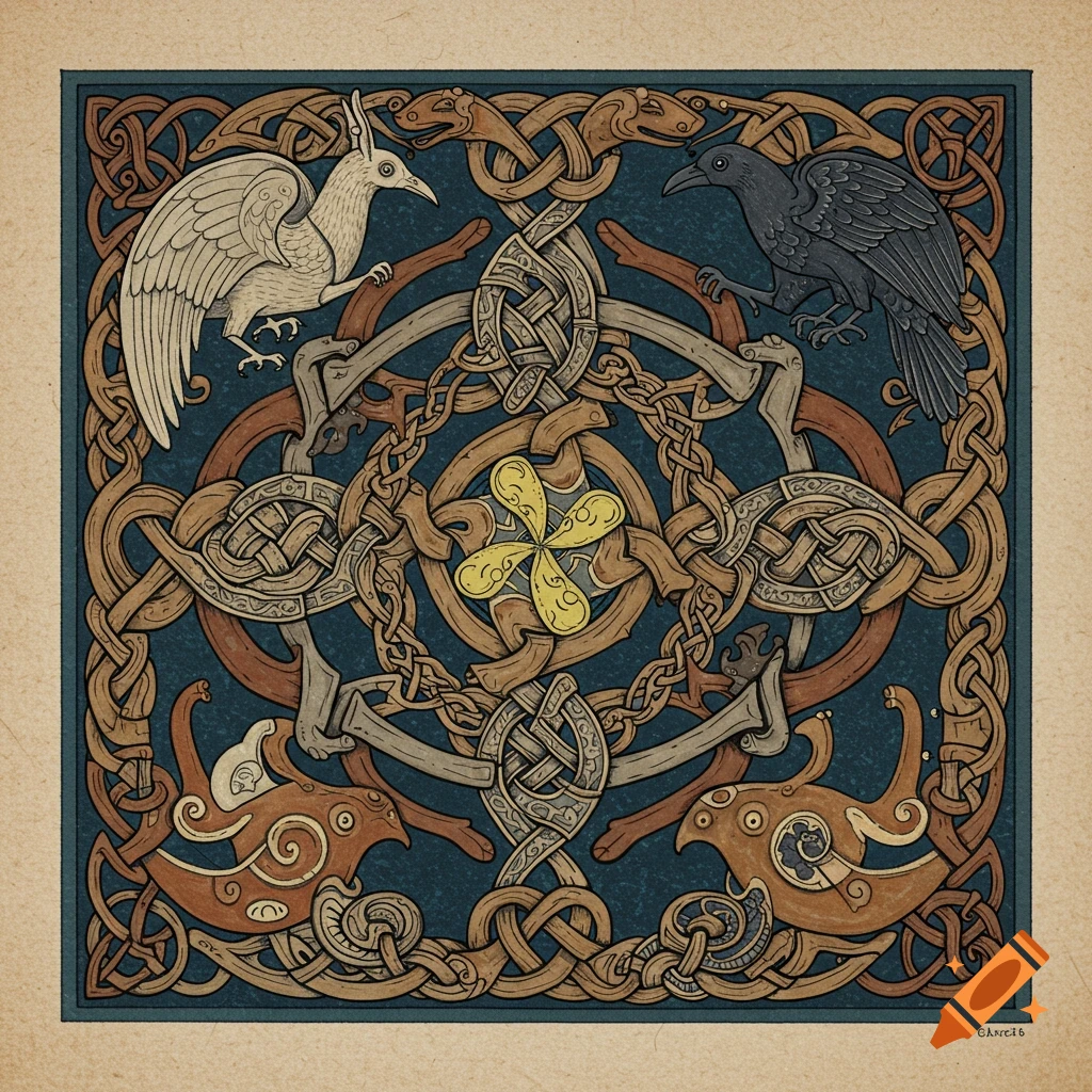 Detailed Anglo-Saxon knotwork illustration with interwoven birds and ...