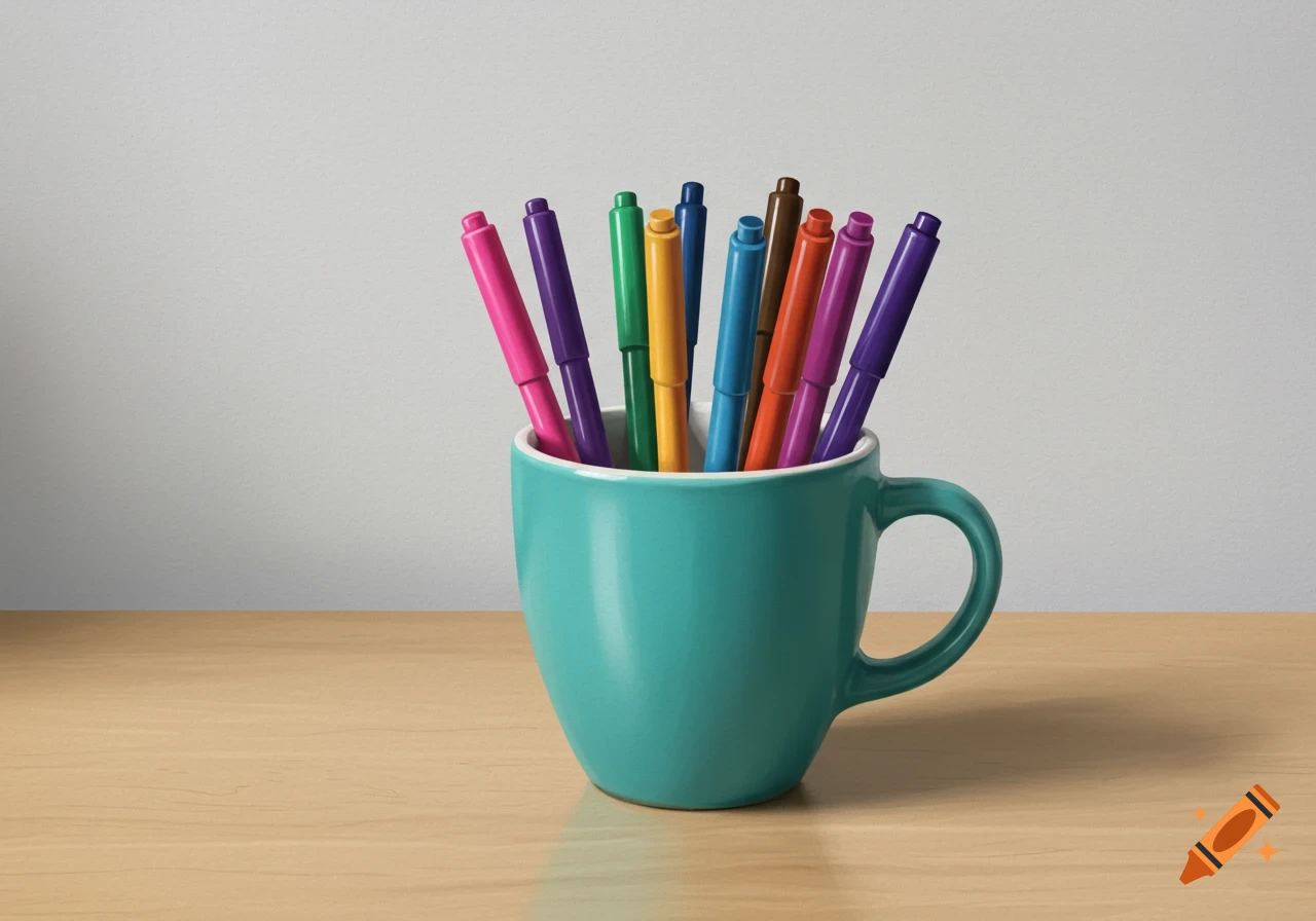 A teal mug filled with colorful pens sits on a wooden desk against a ...