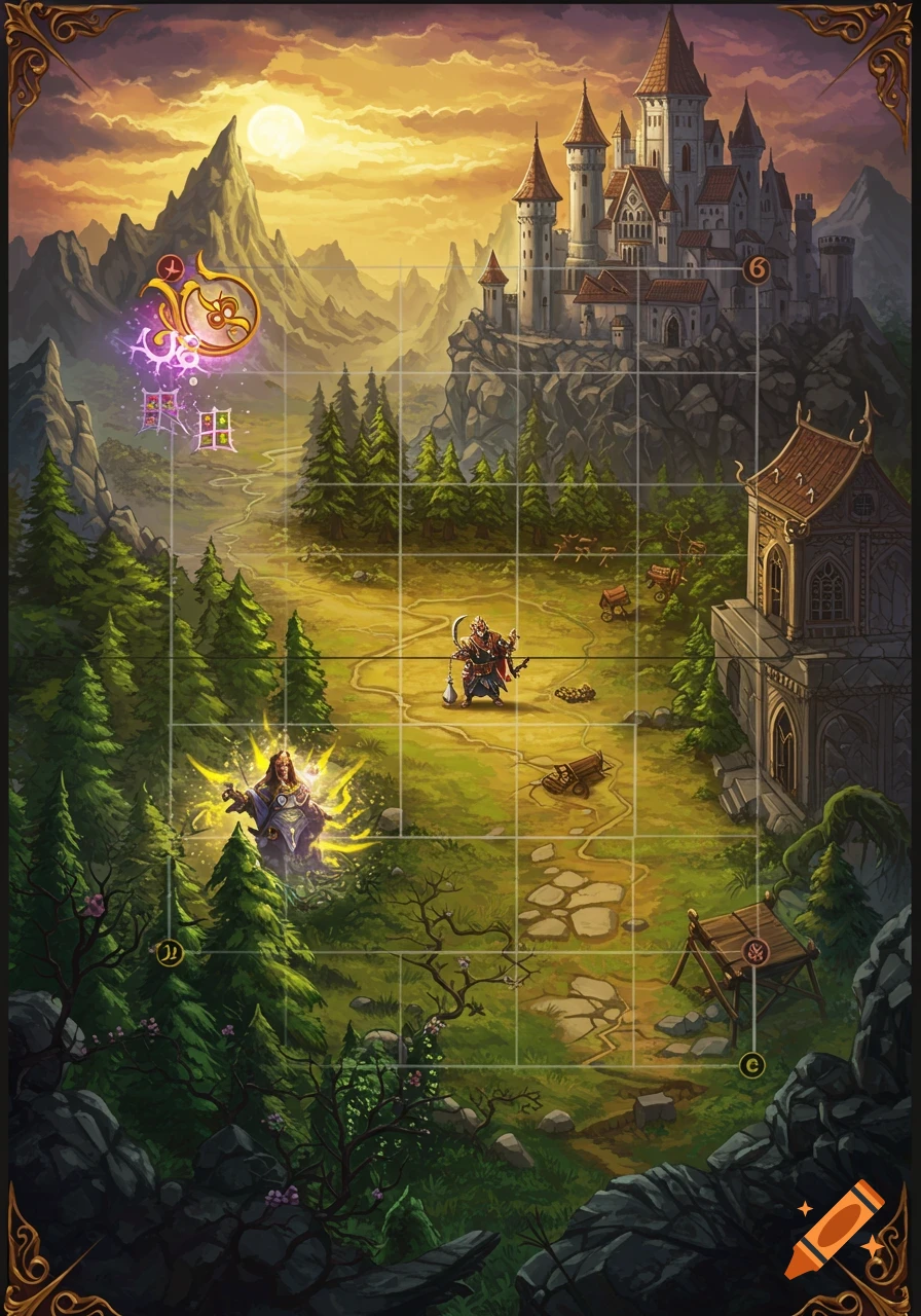 A detailed fantasy board game map shows a large castle on a mountain ...