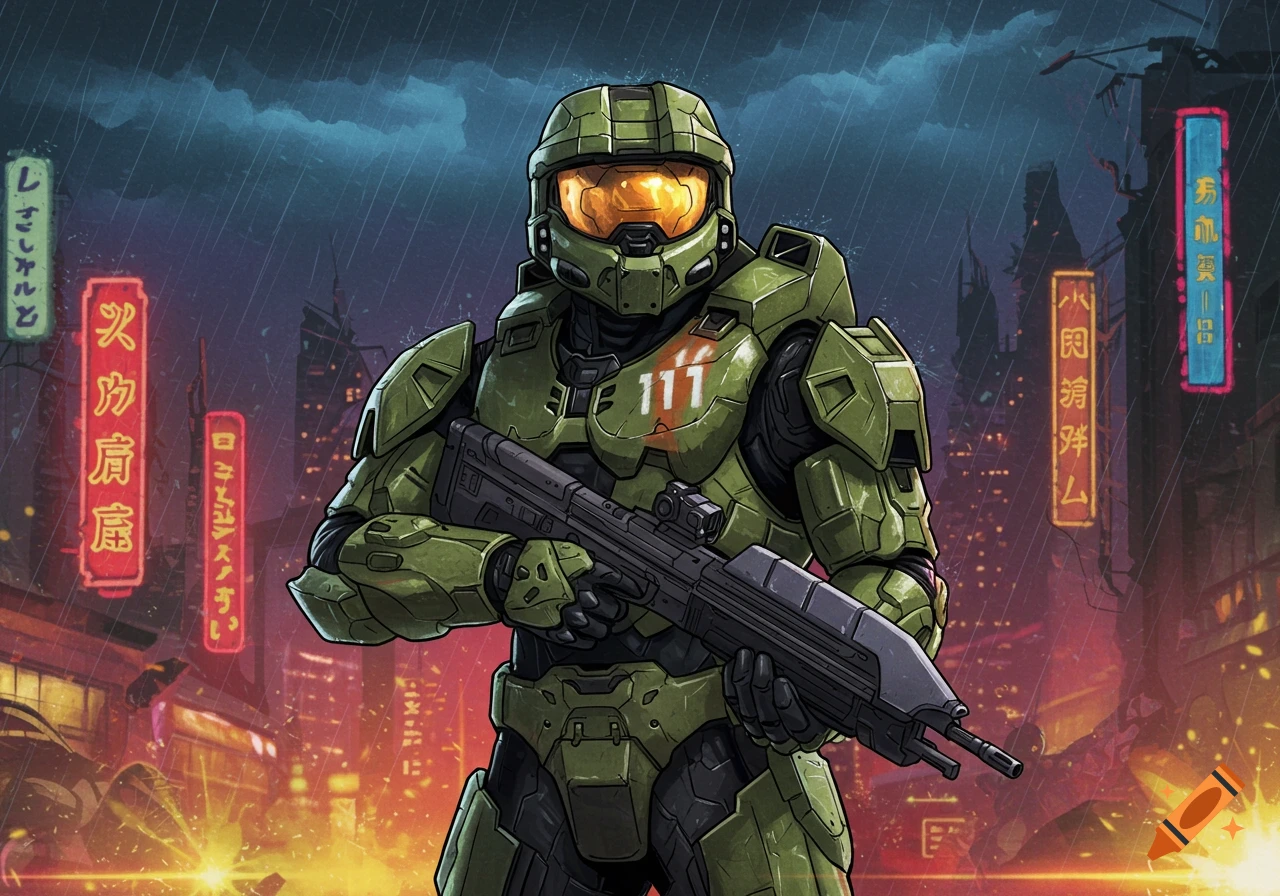 Master Chief standing in a rainy, neon-lit city street, holding a rifle ...