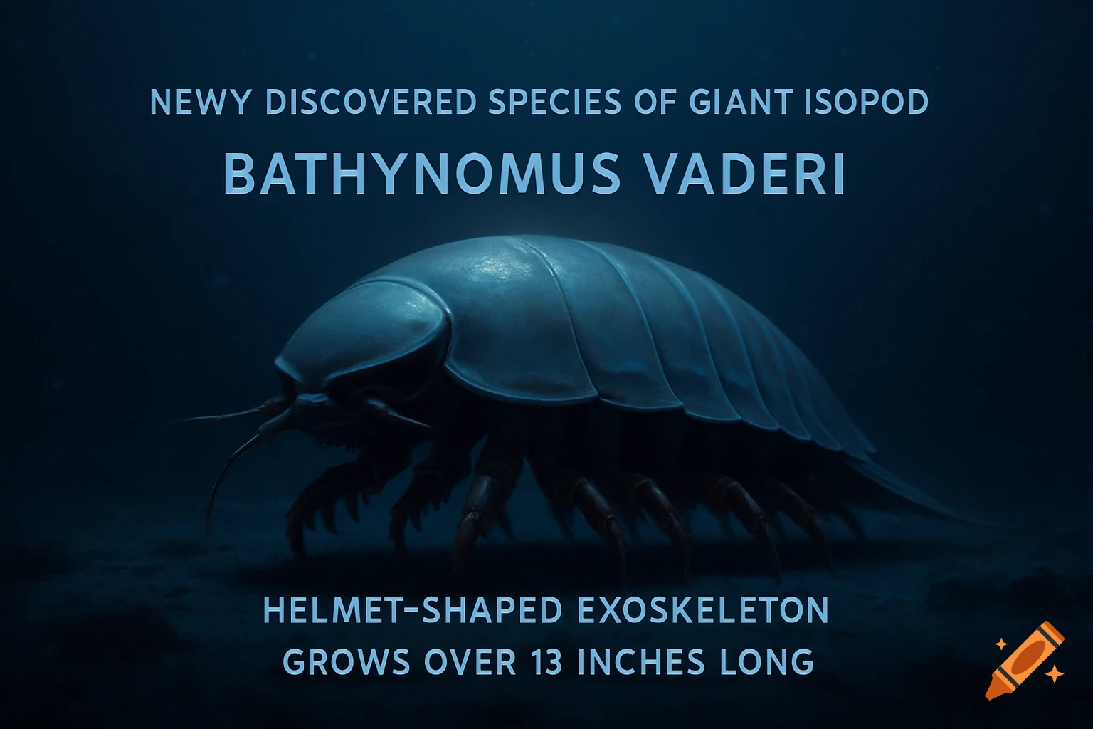A giant isopod crawls on the dark ocean floor with blue lighting and text overlay. on Craiyon