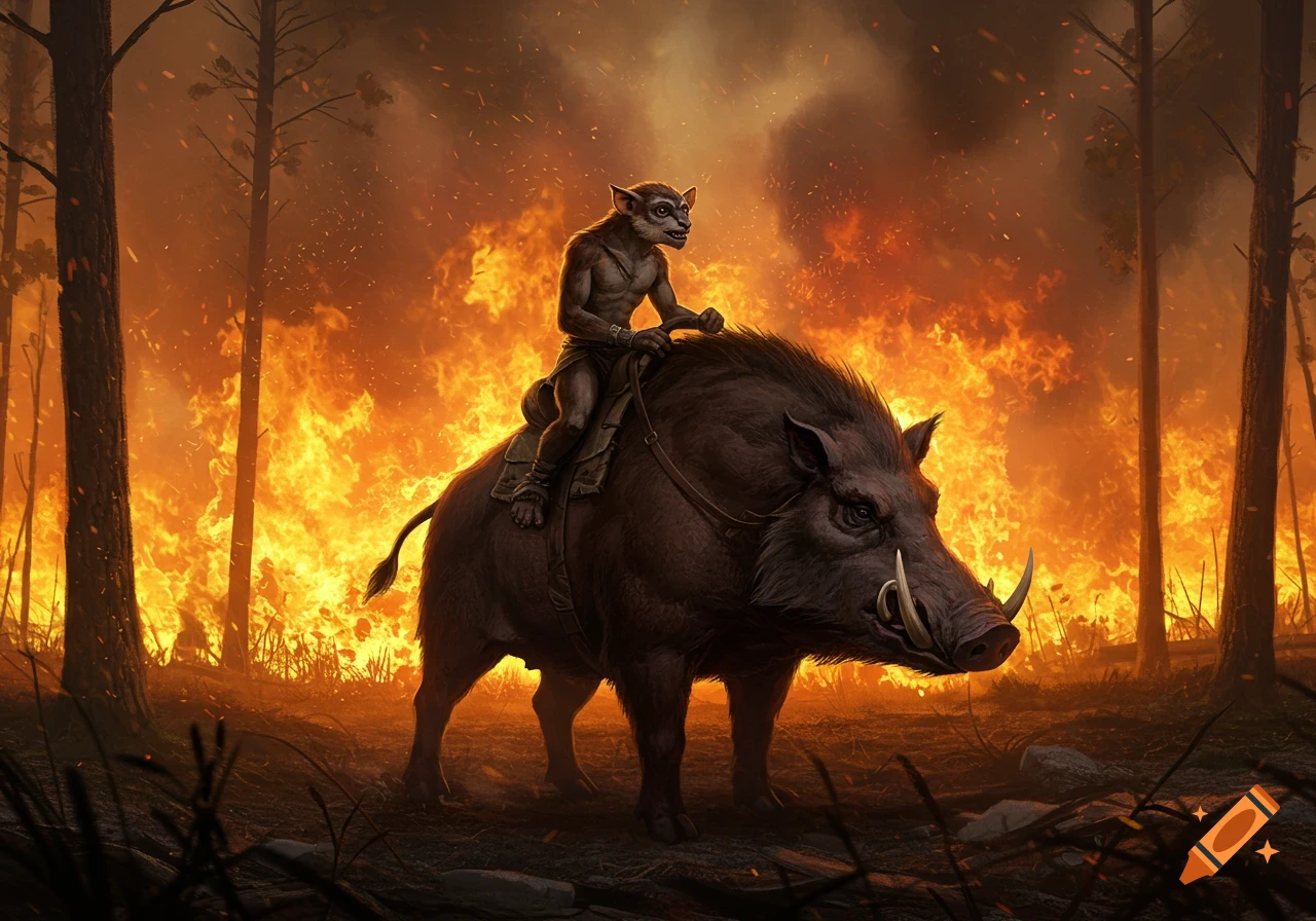 A fantasy creature rides a large boar through a forest engulfed in ...