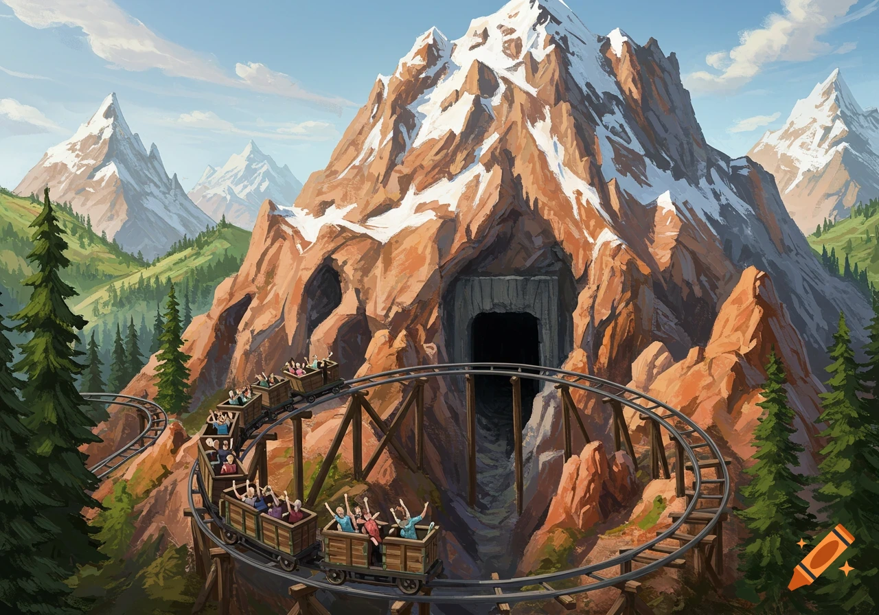 Digital painting of a mine train roller coaster going around a large ...