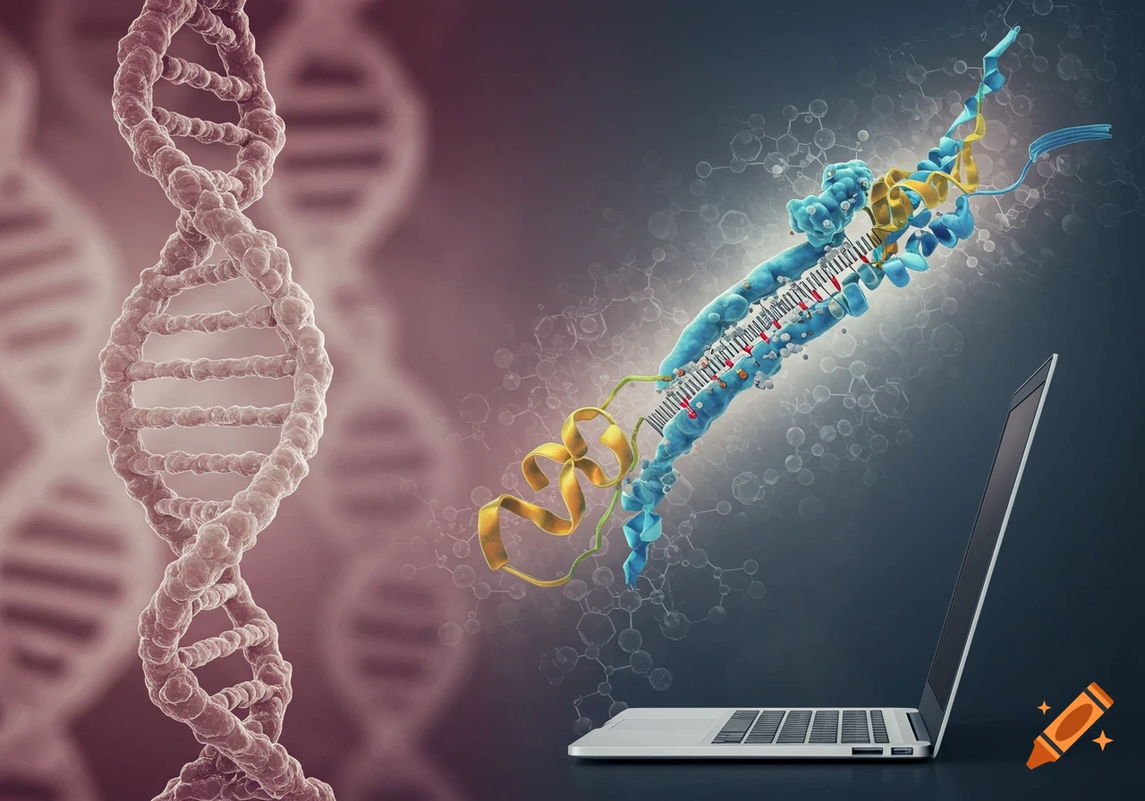 Illustration of a DNA helix on the left and a polymerase molecule interacting with a strand near ...