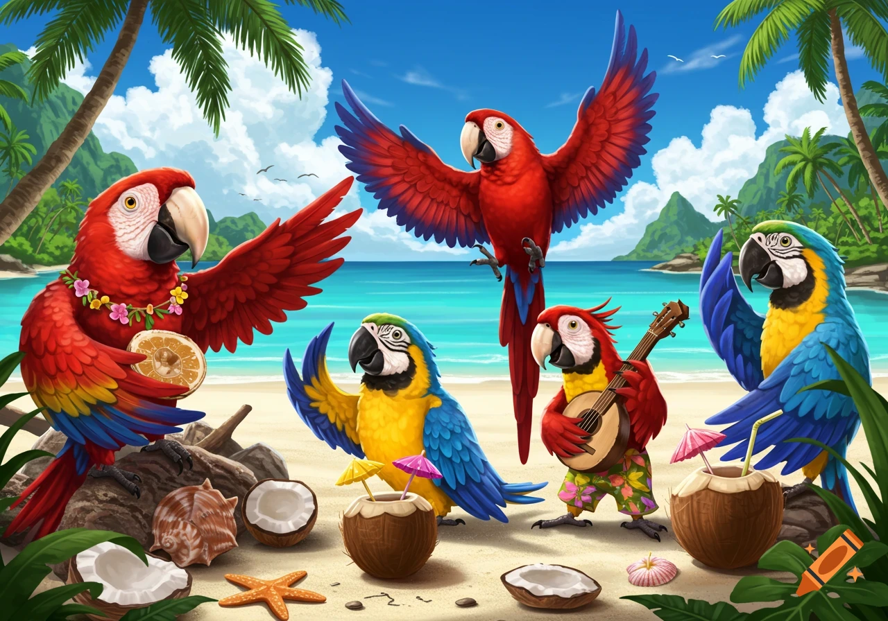 Colorful parrots partying on a tropical beach with coconuts and a ...