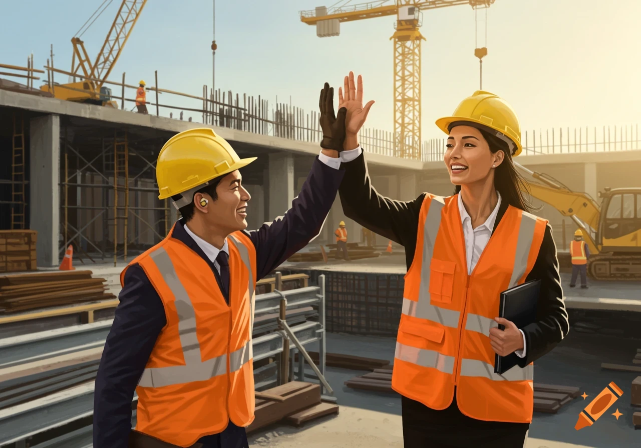 Male and female construction workers high-fiving at a construction site ...