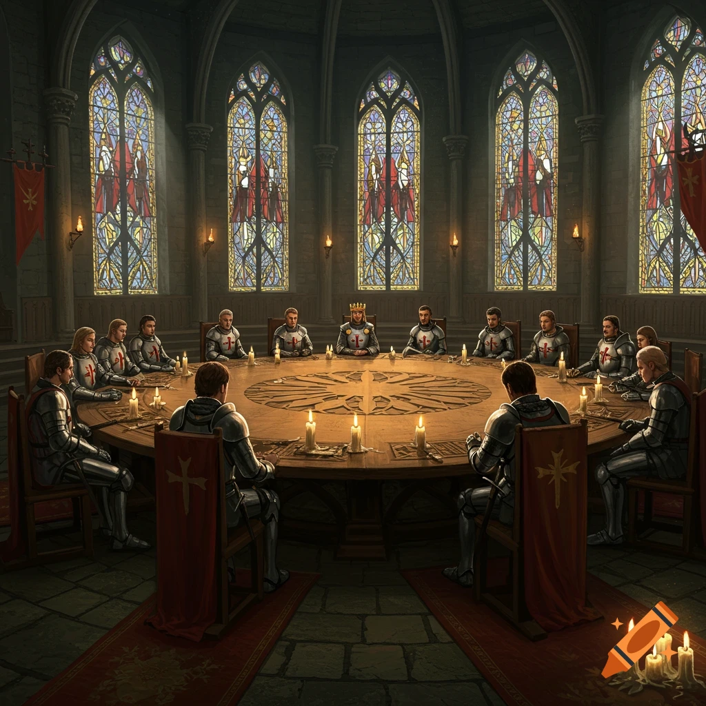 Knights in armor sit around a large round table in a grand hall with ...