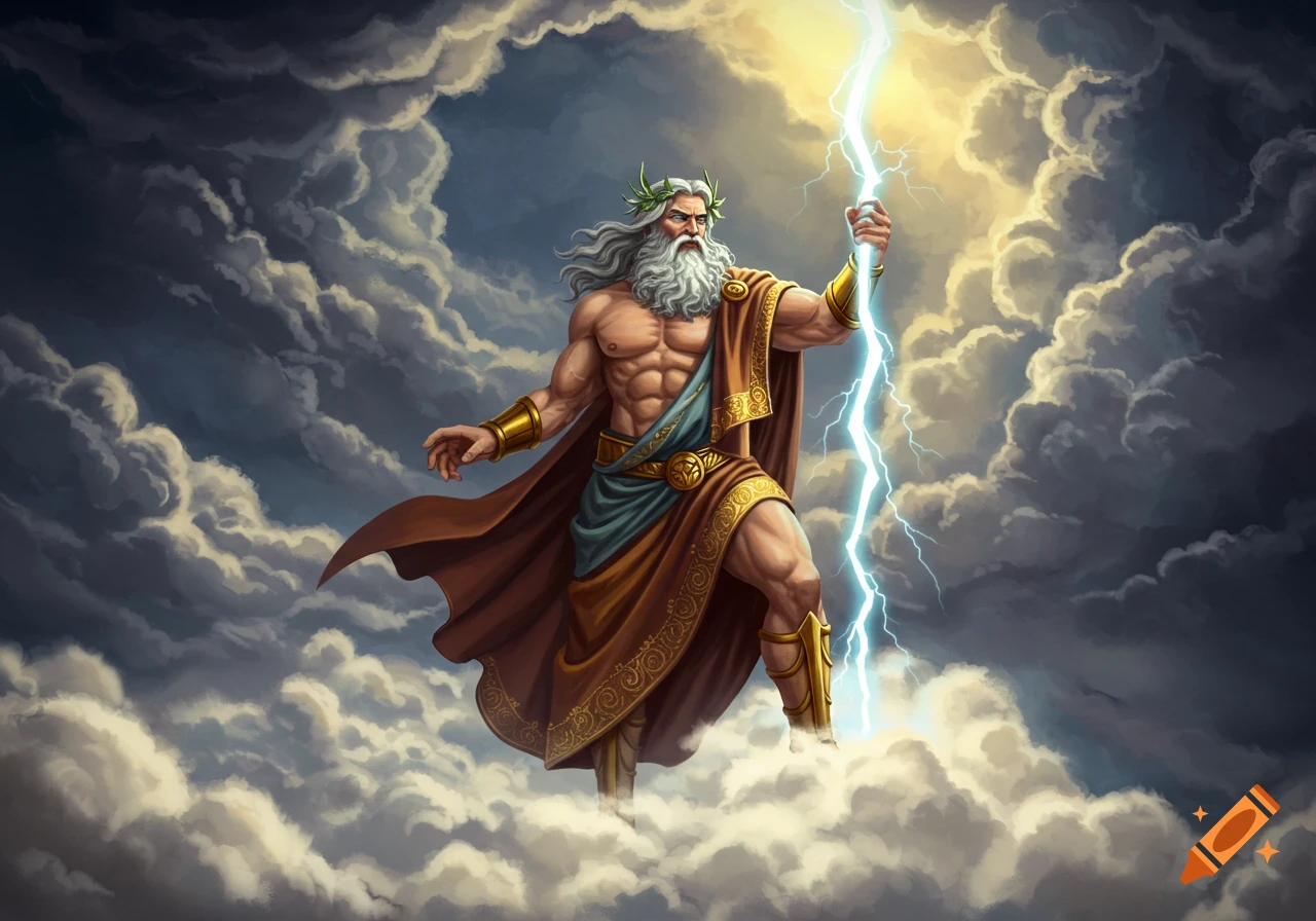 An illustration of the god Zeus standing on clouds, holding a lightning bolt in a stormy sky. on ...