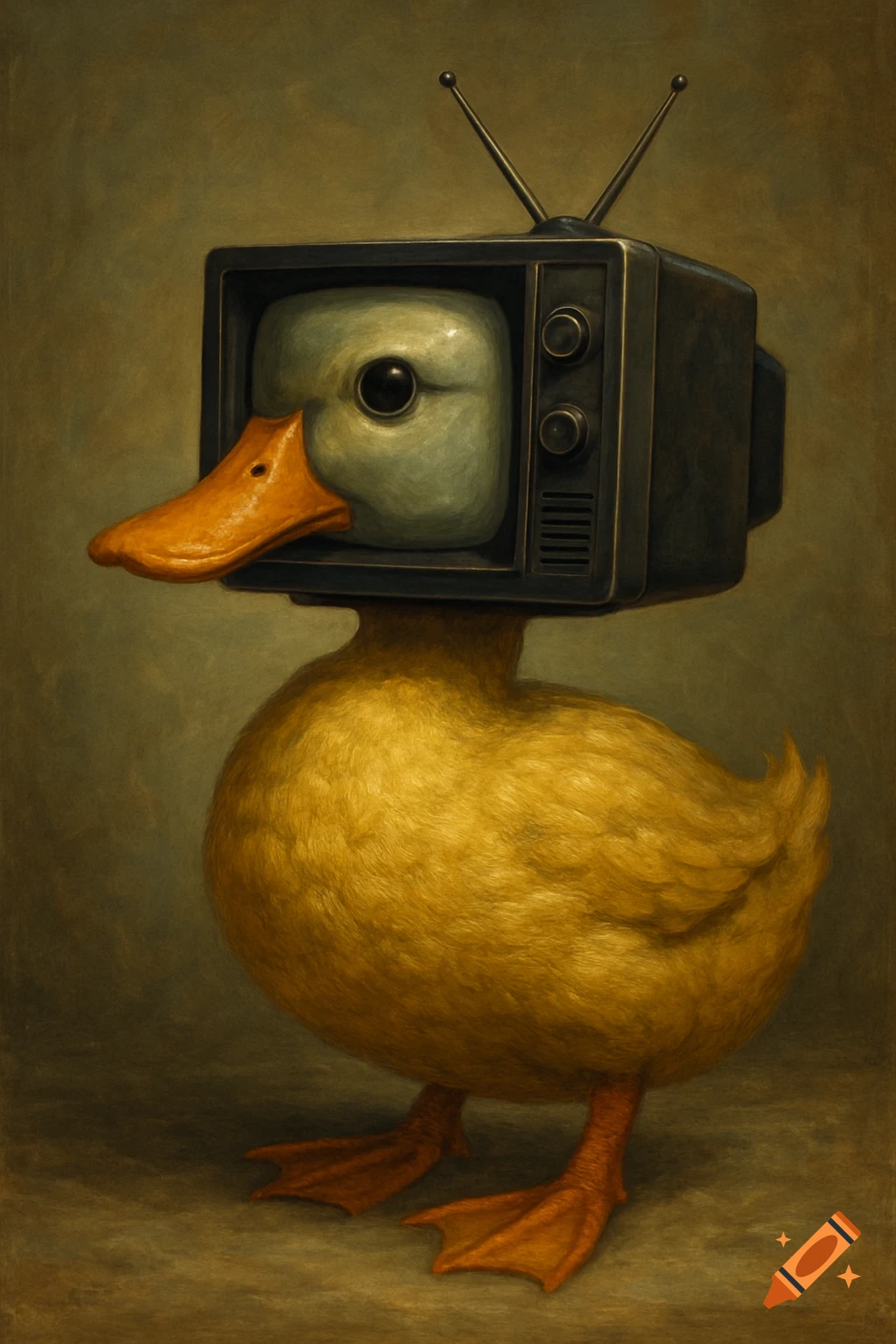 A painting of a duck with a vintage television set for a head, standing ...