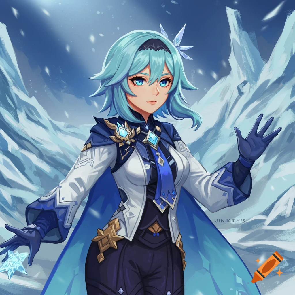 Eula from Genshin Impact stands in a snowy mountain landscape, holding a crystal. on Craiyon