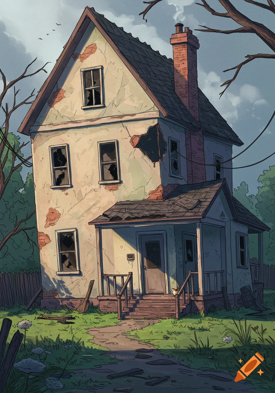 Illustration of a dilapidated, abandoned house with broken windows and ...