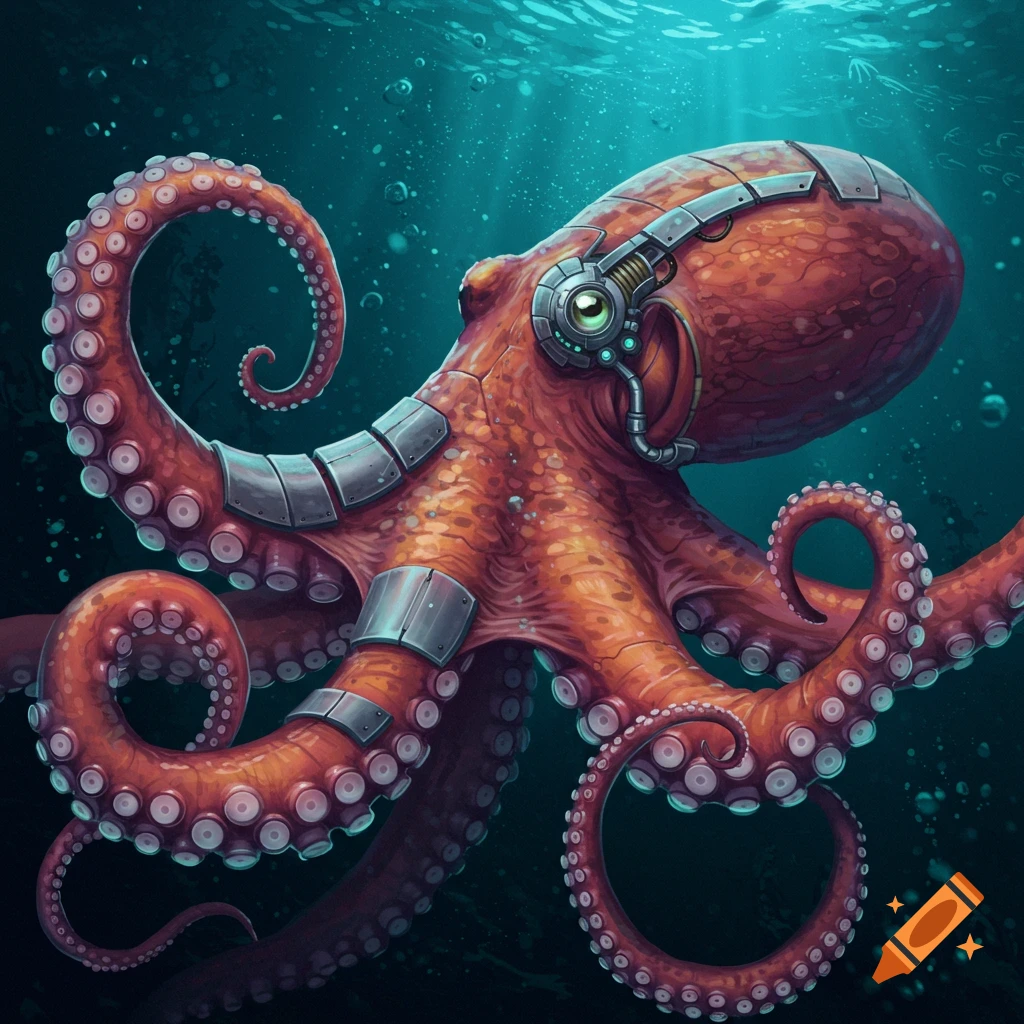 Detailed illustration of a red cyborg octopus swimming underwater with ...