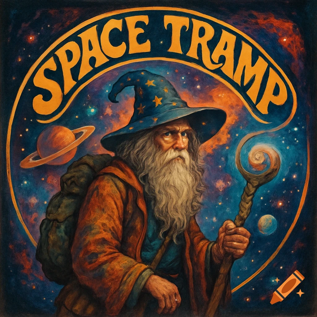 Wizard with beard and staff in space under 'SPACE TRAMP' text. Retro ...