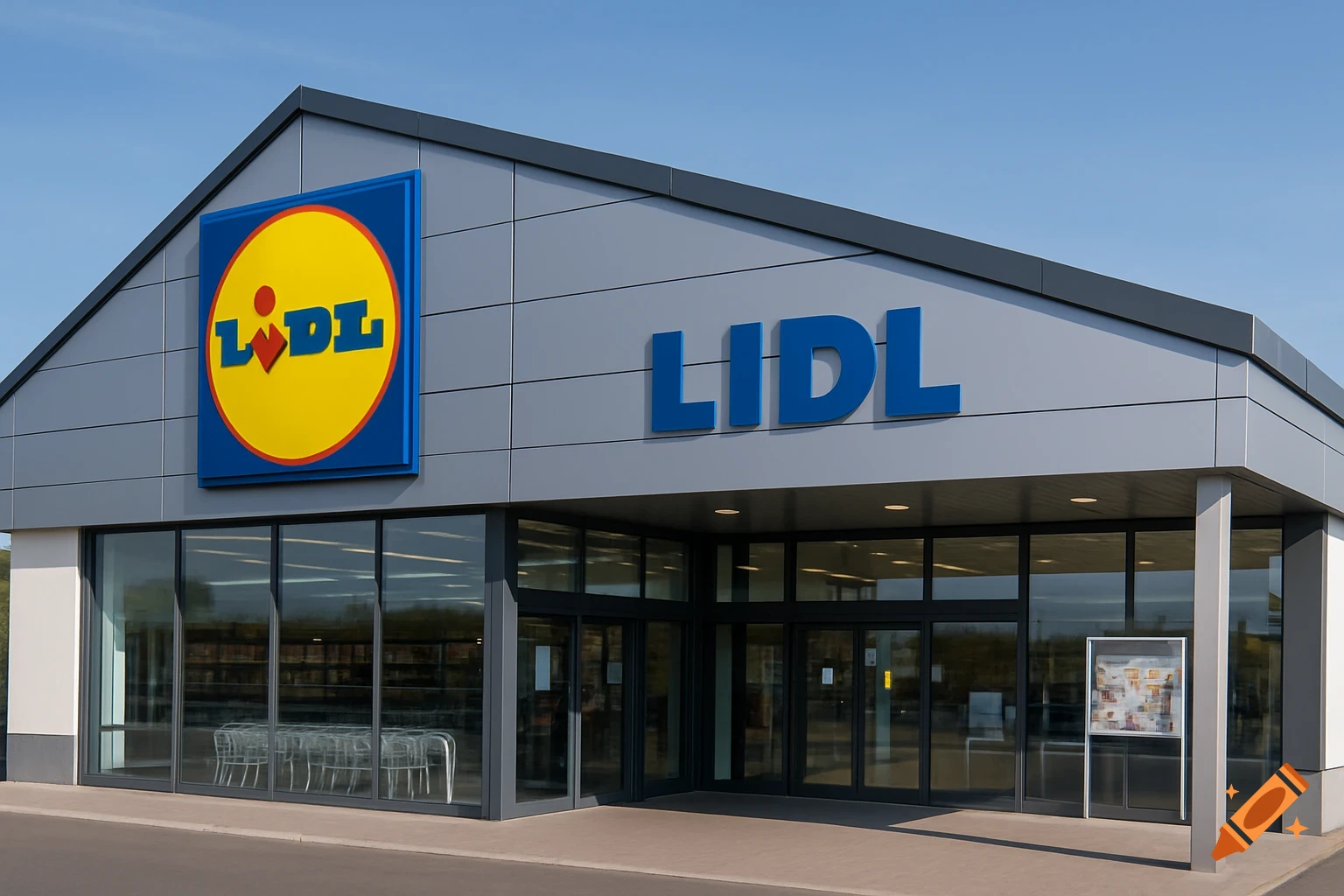 Exterior view of a Lidl supermarket building on a sunny day. on Craiyon