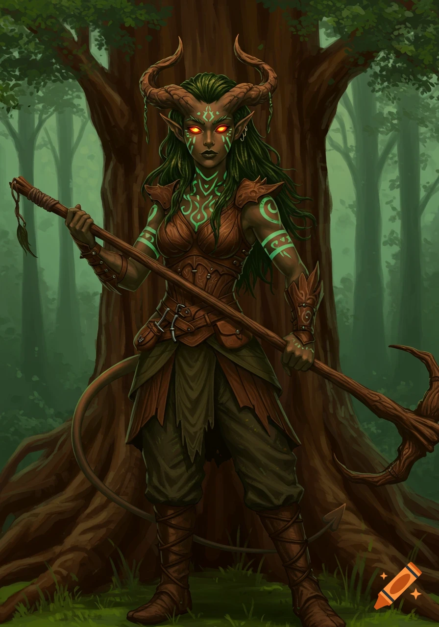Illustration of a Tiefling woman with horns, glowing eyes, and tribal markings, holding a staff ...