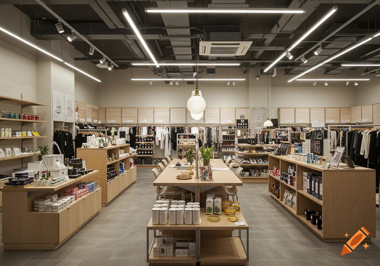 Interior view of a modern retail store with clothing racks, shelves ...