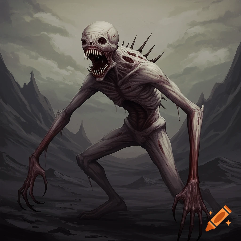 A pale, skeletal monster with sharp teeth and claws stands in a ...