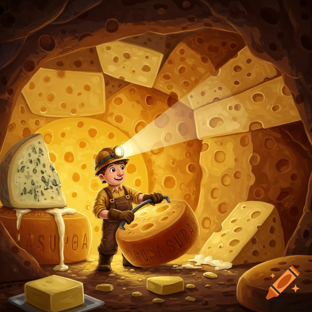 Cartoon miner in a cheese cave with a headlamp, holding a wheel of ...