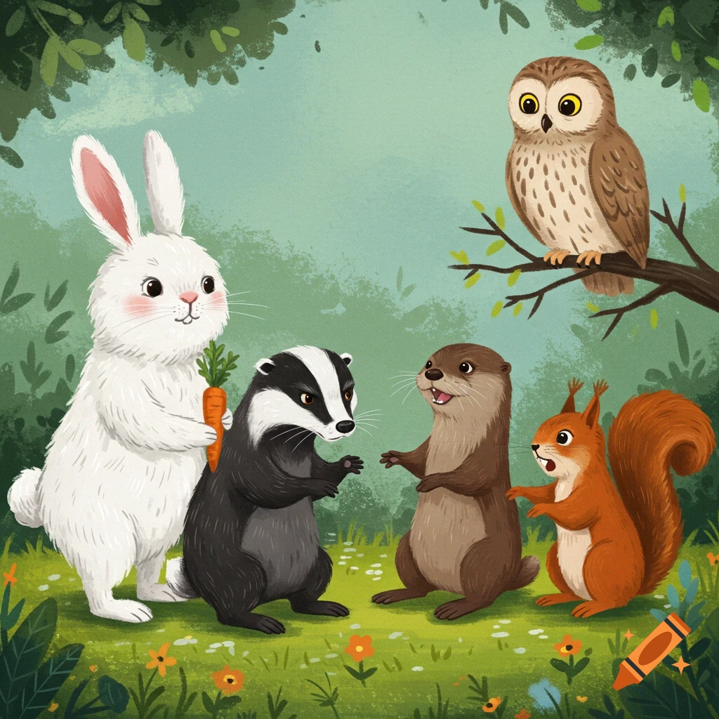 Charming illustration of a rabbit, badger, otter, squirrel, and owl ...