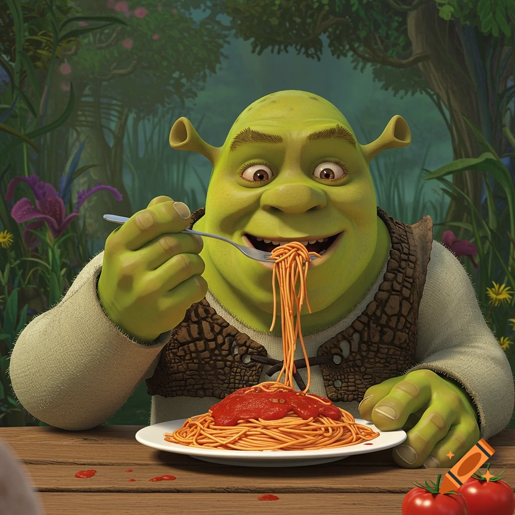 Shrek happily eating spaghetti with sauce in a forest setting, in ...