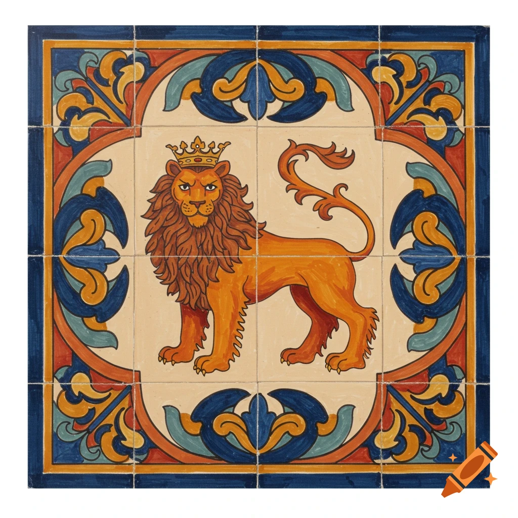 A painted ceramic tile featuring a standing lion with a crown in a ...