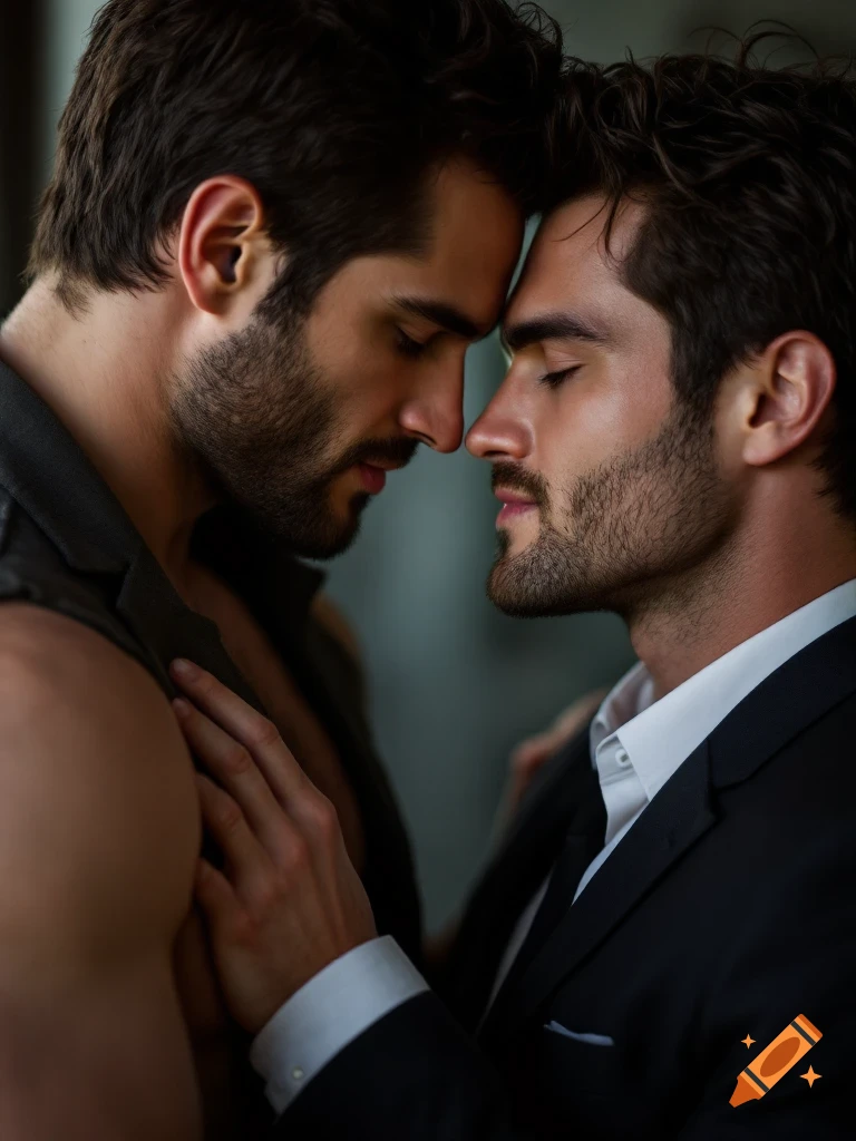Close-up romantic portrait of two men with foreheads touching. on Craiyon