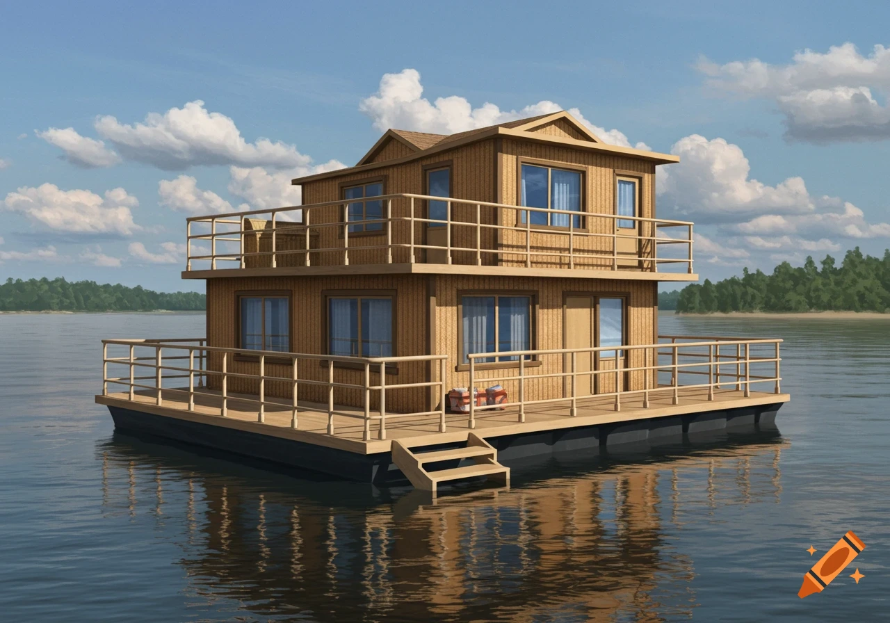 A two-story houseboat floats on a river with trees in the background ...