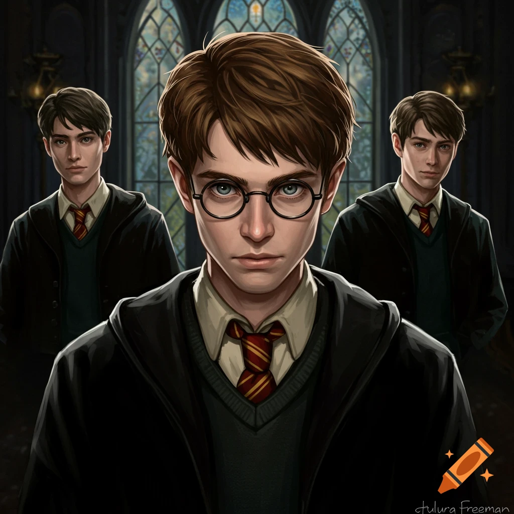 Three young people in wizard robes stand in a large hall with stained ...
