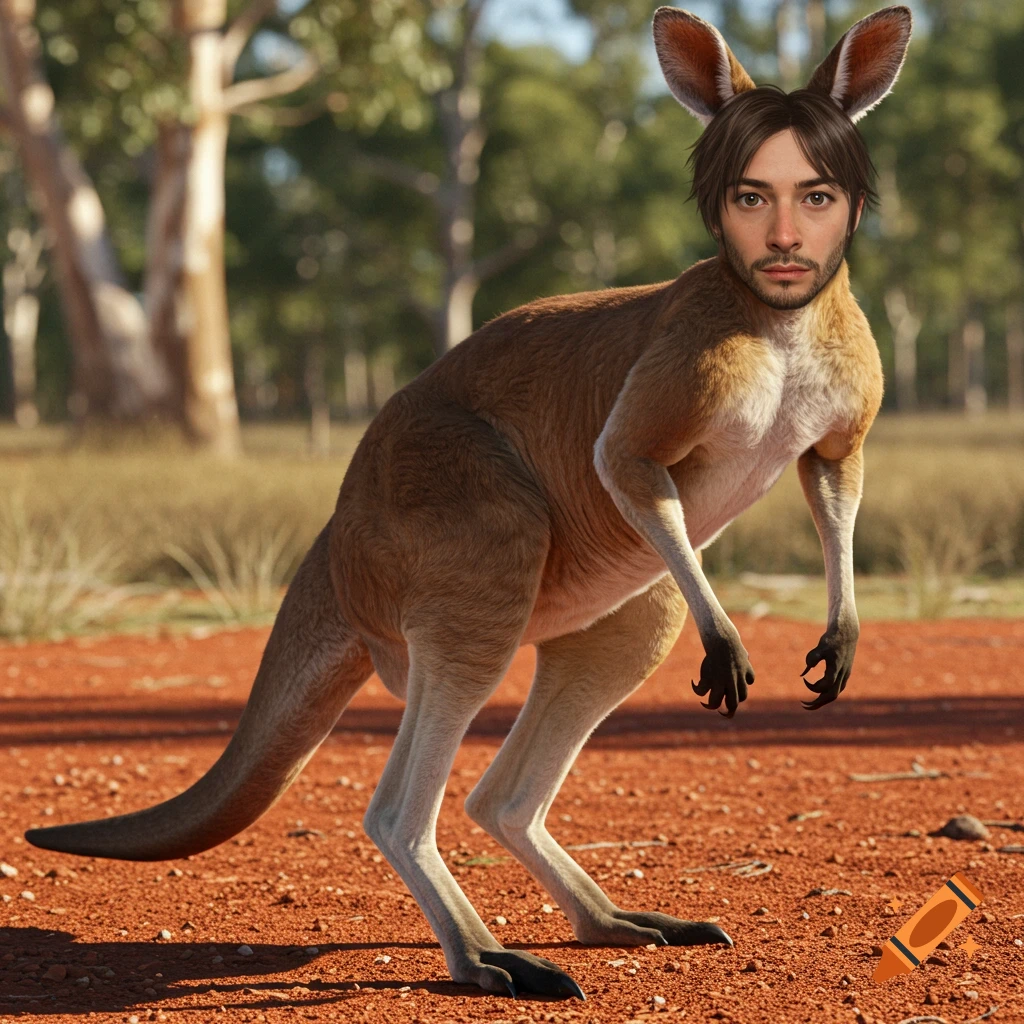 A creature with a kangaroo body and a human head stands in a dry ...