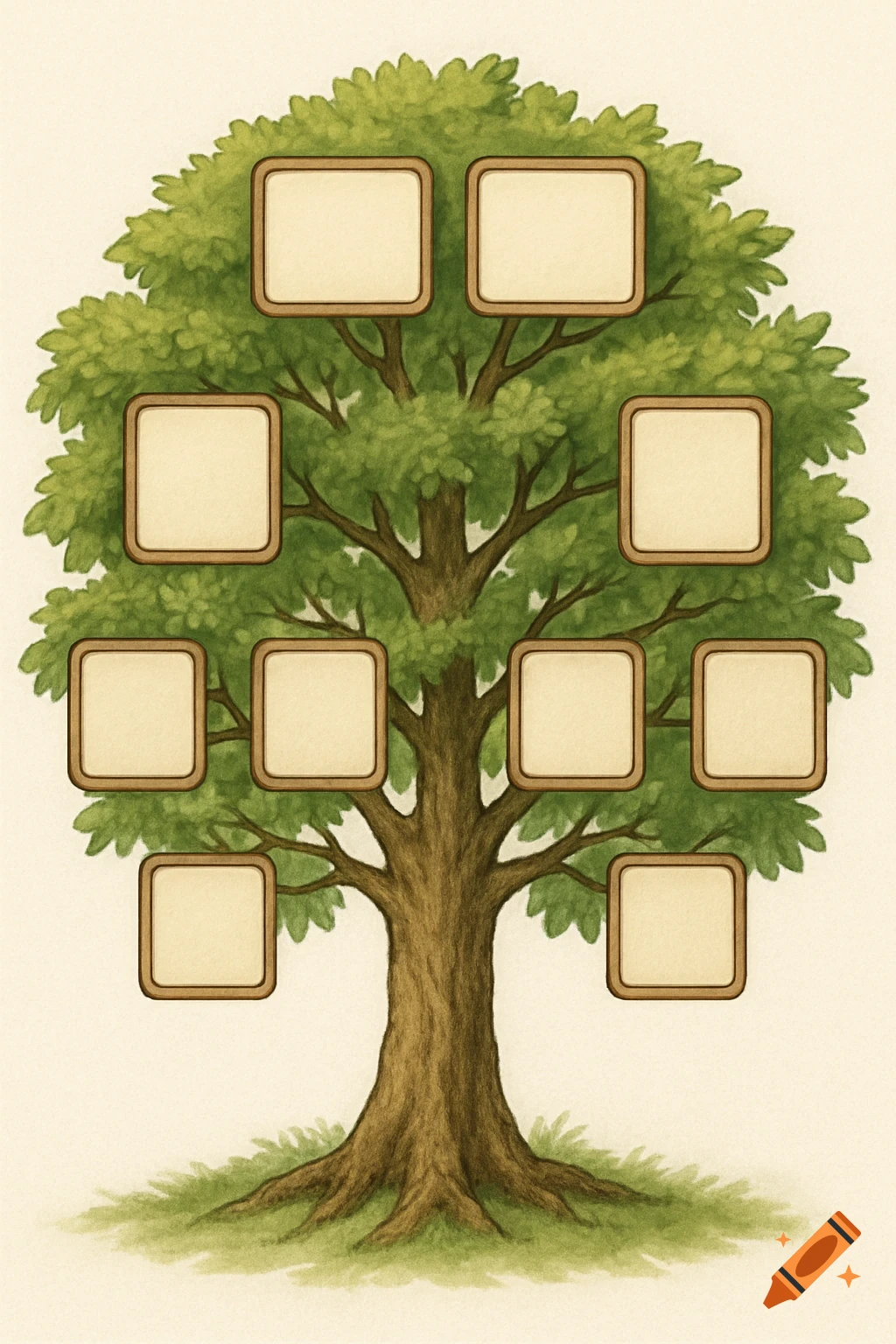 An illustration of a family tree with 8 empty frames. on Craiyon