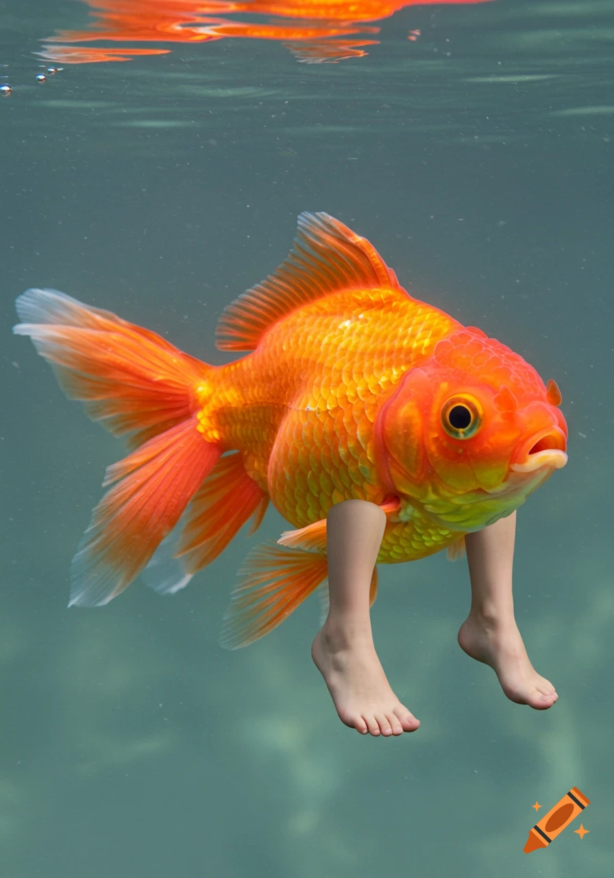 A realistic goldfish swimming underwater with human feet attached to ...