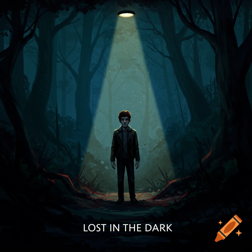 Illustration of a person standing in a dark forest under a spotlight ...