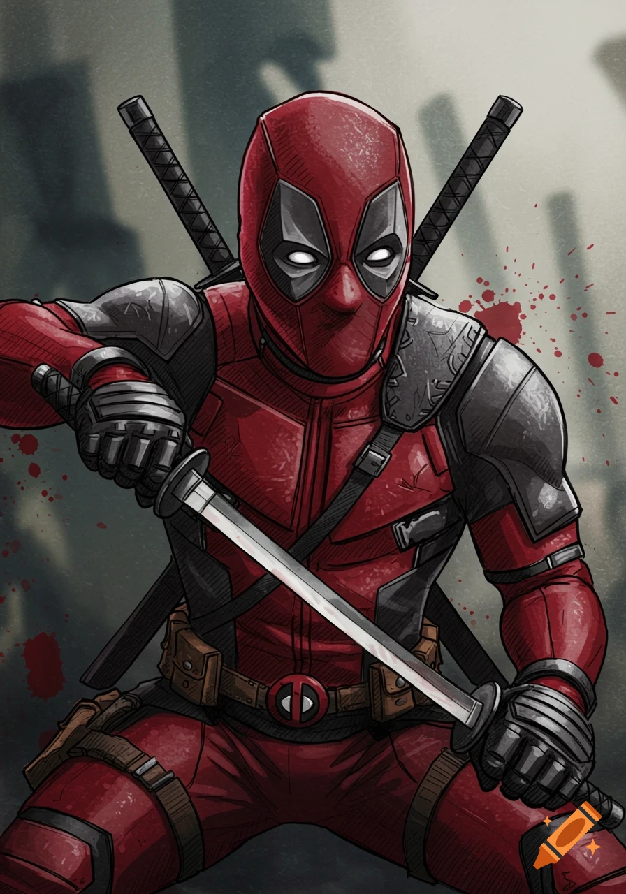 Illustration of Deadpool holding a sword with blood splatter in the ...