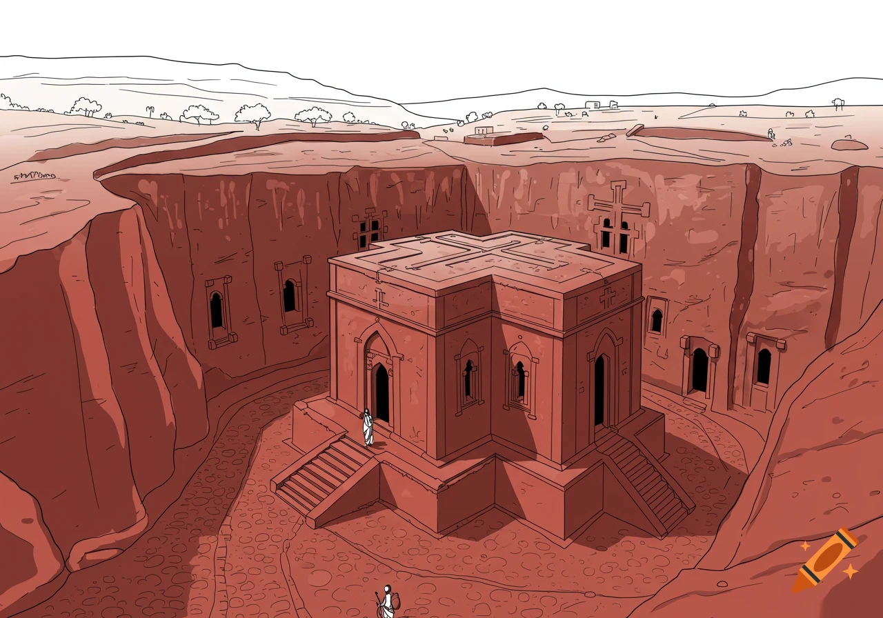Line drawing of rock-hewn church in Ethiopia with figures in a ...